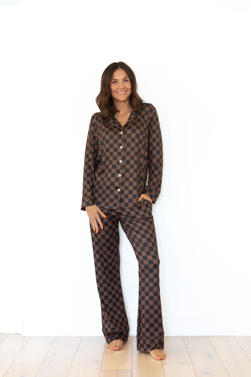 BLACK + BROWN CHECKER | WOMEN'S BUTTON UP LONG SLEEVE SET – COZYS